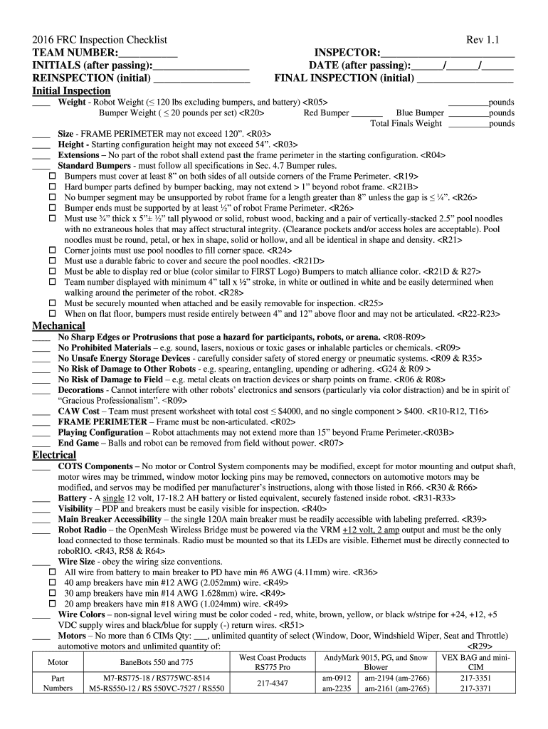 Fillable Online 2016 FRC Inspection Checklist Rev 11 TEAM NUMBER Fax ...
