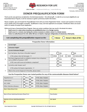 Fillable Online Donor bprequalificationb form - Research For Life Fax ...