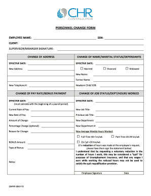 Fillable Online PERSONNEL CHANGE FORM - continuumhrcom Fax Email Print ...