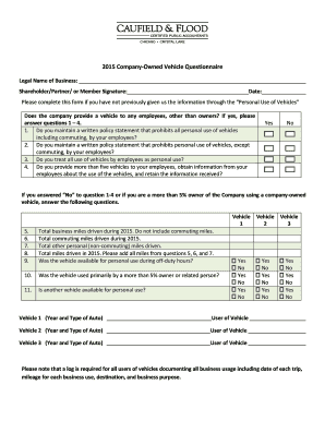 Fillable Online 2015 Company-Owned Vehicle Questionnaire Fax Email ...