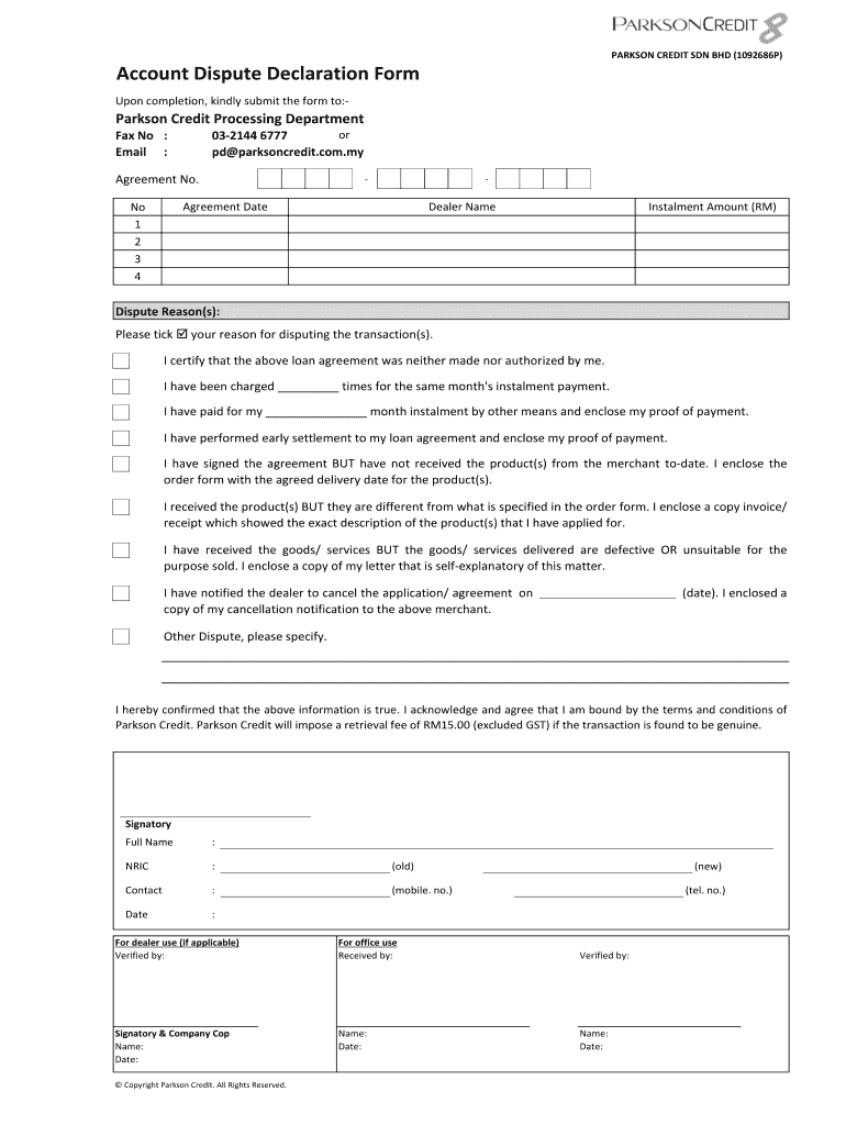 Fillable Online Account Dispute Declaration Form - Fax Email Print ...