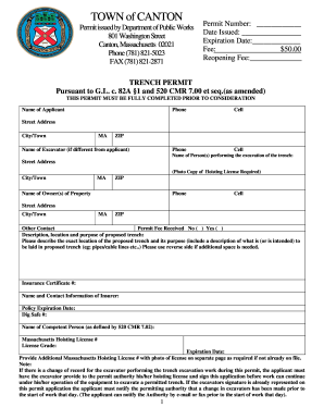 Fillable Online town canton ma form trench permit.doc - town canton ma ...