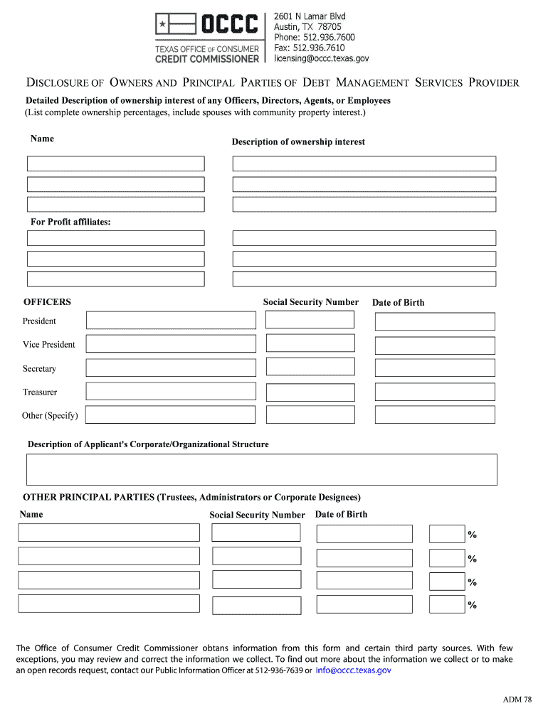 Fillable Online DISCLOSURE OF OWNERS AND PRINCIPAL PARTIES OF DEBT Fax ...