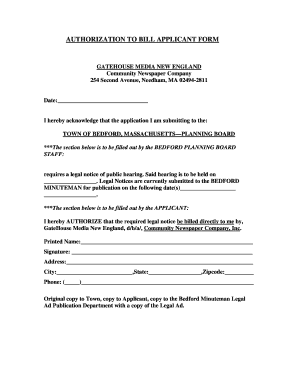 Fillable Online AUTHORIZATION TO BILL APPLICANT FORM - Bedford Fax ...
