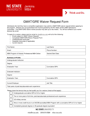 Fillable Online mba ncsu GMATGRE Waiver Request Form - Jenkins MBA Fax Email Print - pdfFiller