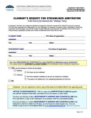 Fillable Online nationalarbitration ARB 100 - CLAIMANT REQUEST FOR ...