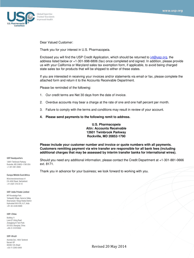 Fillable Online usp Enclosed you will find the USP Credit Application ...