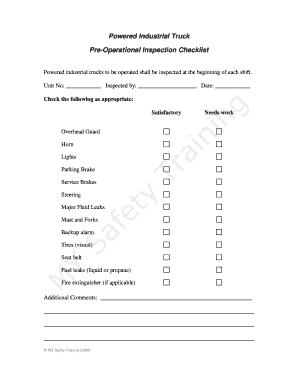 Fillable Online Powered Industrial Truck Pre-Operational Fax Email ...