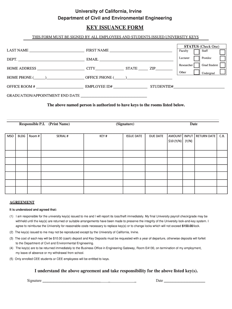 Fillable Online engineering uci KEY ISSUANCE FORM - Henry Samueli ...