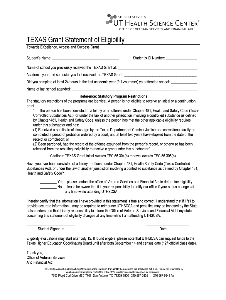 Fillable Online students uthscsa TEXAS Grant Statement of Eligibility ...