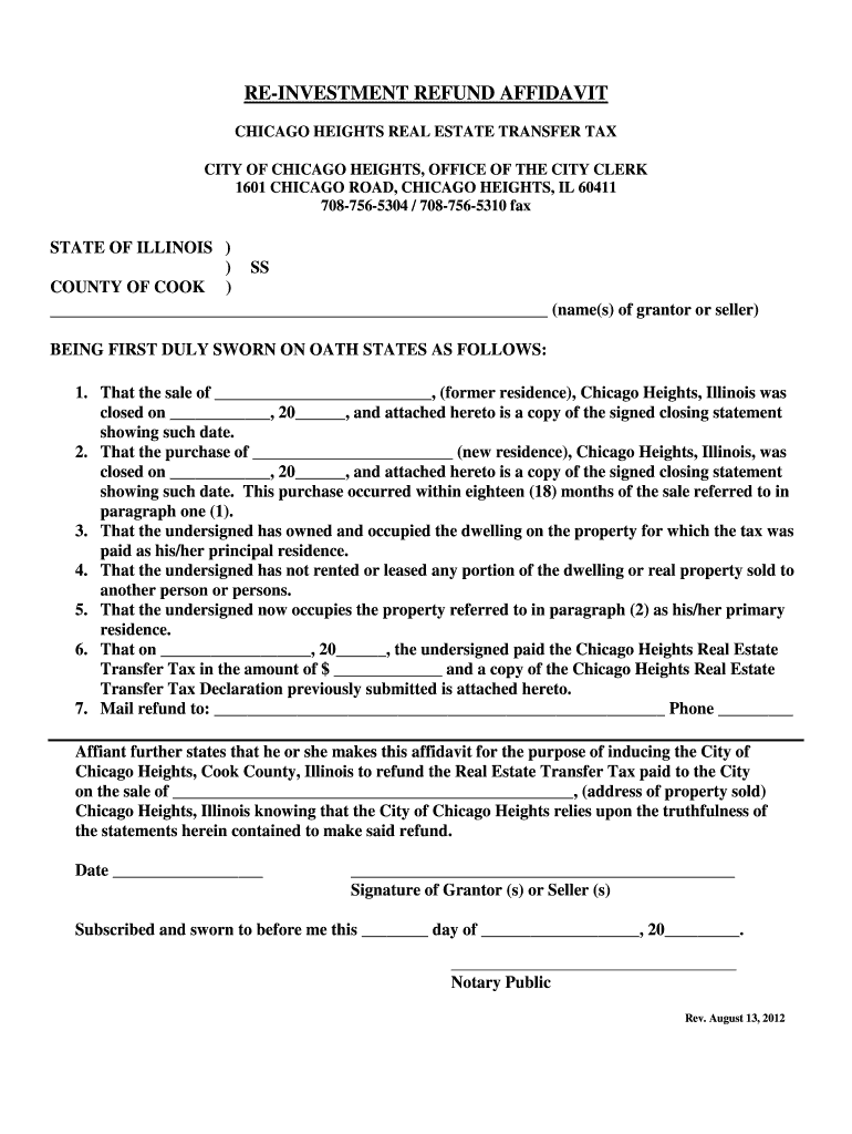 Fillable Online RE-INVESTMENT REFUND AFFIDAVIT Fax Email Print - pdfFiller