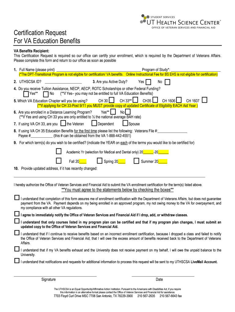 Fillable Online students uthscsa VA Benefits Recipient - students ...