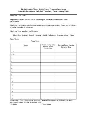 Fillable Online students uthscsa Indoor Volleyball Entry Form ...
