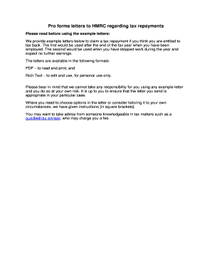 Fillable Online Pro forma letters to HMRC regarding tax repayments Fax ...
