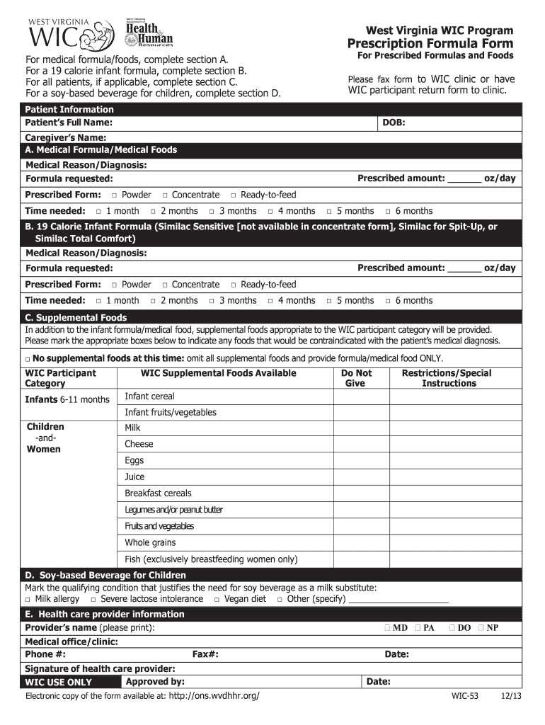 Fillable Online ons wvdhhr West Virginia WIC Program - ons wvdhhr Fax ...