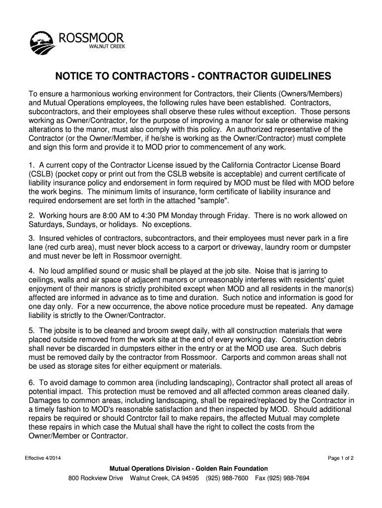 Fillable Online NOTICE TO CONTRACTORS - CONTRACTOR GUIDELINES Fax Email ...
