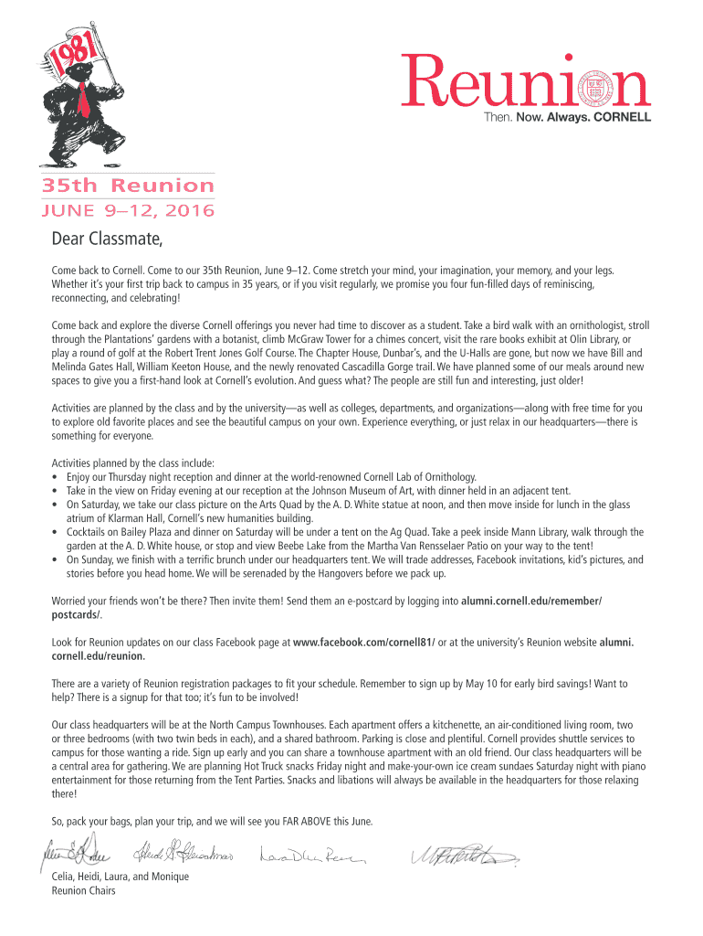 Fillable Online alumni cornell 35th Reunion JUNE 912, 2016 Dear ...