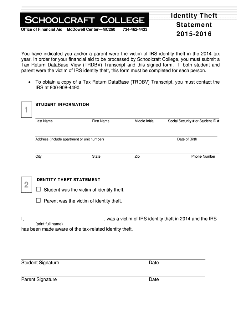 Fillable Online schoolcraft STUDENT INFORMATION 1 - Schoolcraft College ...