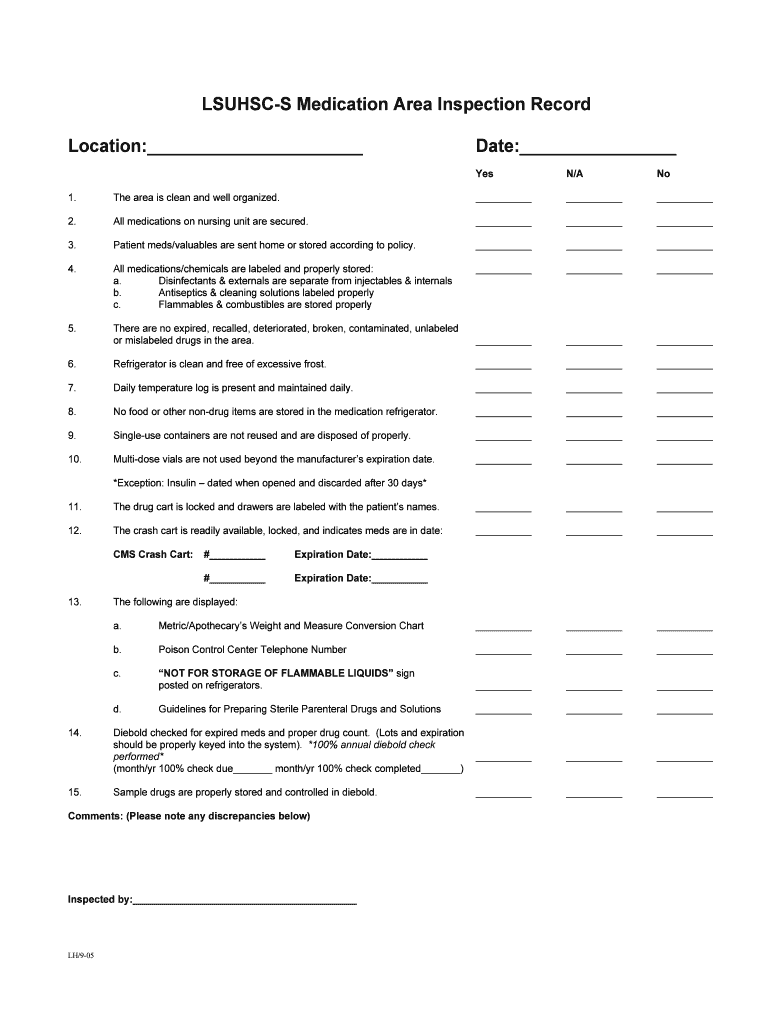Fillable Online LSUHSC-S Medication Area Inspection Record Fax Email ...
