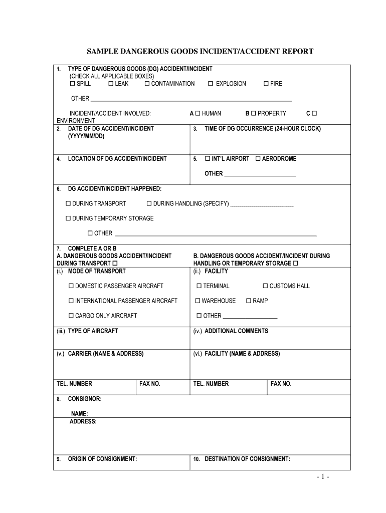 Fillable Online SAMPLE DANGEROUS GOODS INCIDENTACCIDENT REPORT Fax Email Print - pdfFiller