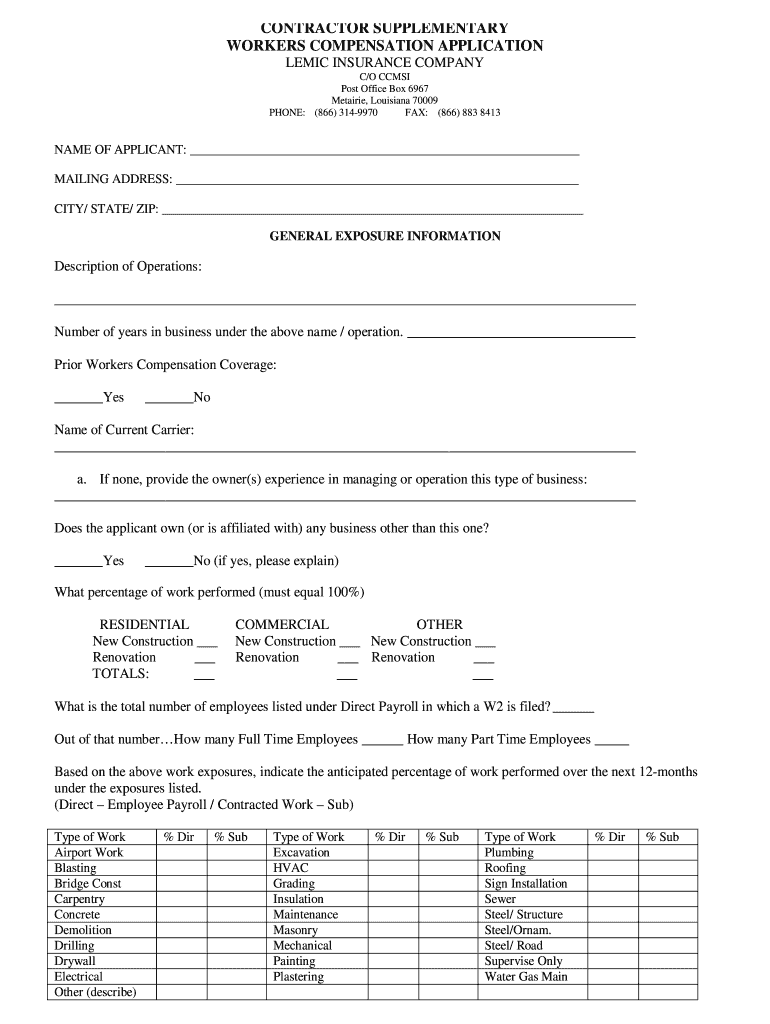 Fillable Online CONTRACTOR SUPPLEMENTARY WORKERS COMPENSATION ...