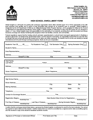 Fillable Online HIGH SCHOOL ENROLLMENT FORM - Global Insights Youth Fax ...