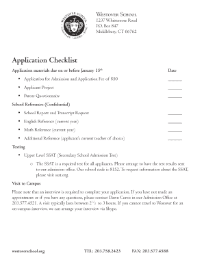 Fillable Online Application Checklist - Westover School Fax Email Print