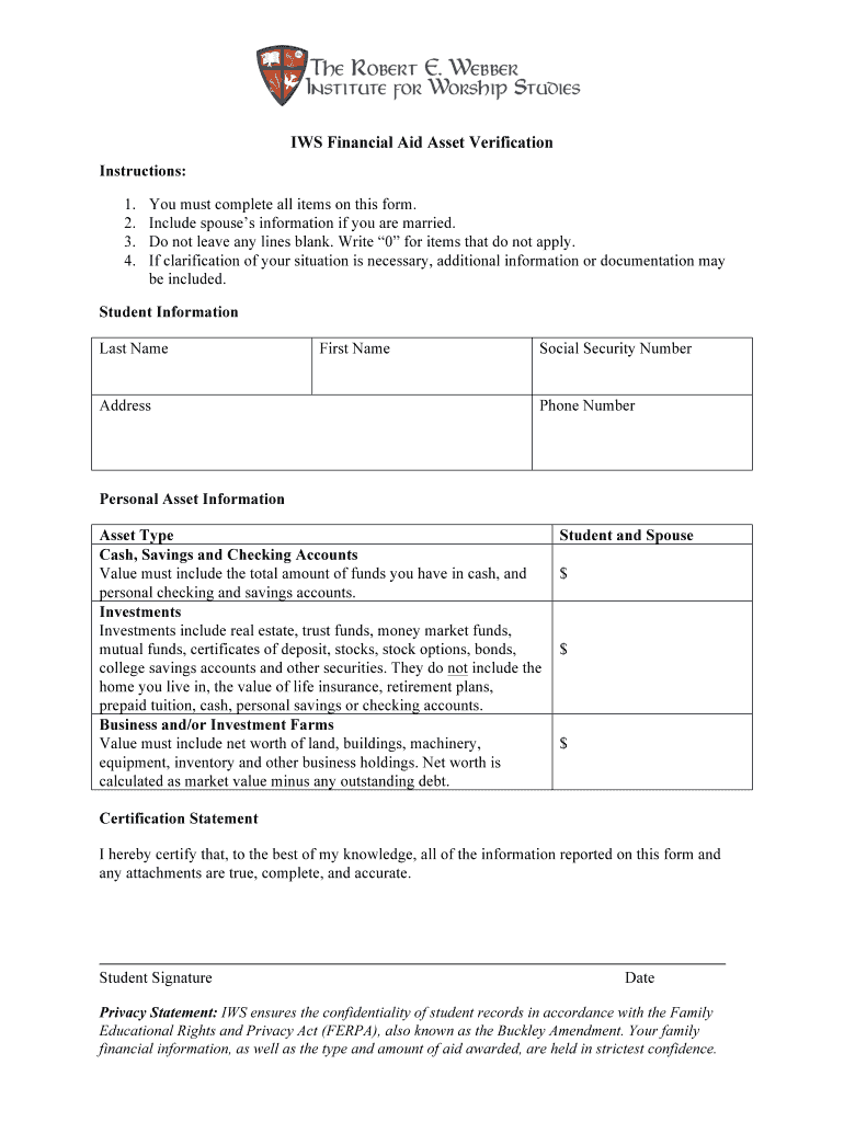 Fillable Online iws IWS Asset Verification Form - iws Fax Email Print ...