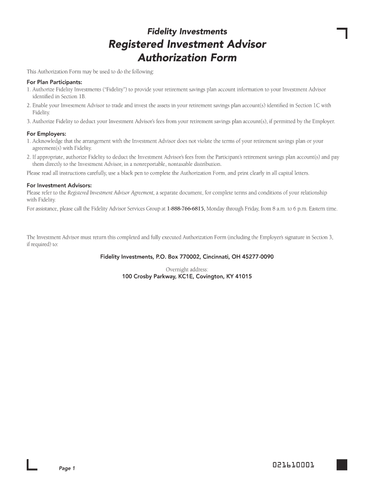 Fillable Online Fidelity Investments Registered Investment Advisor Fax ...