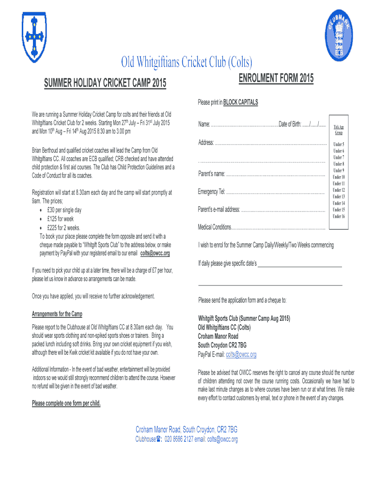 Fillable Online Old Whitgiftians Cricket Club Colts Fax Email Print ...
