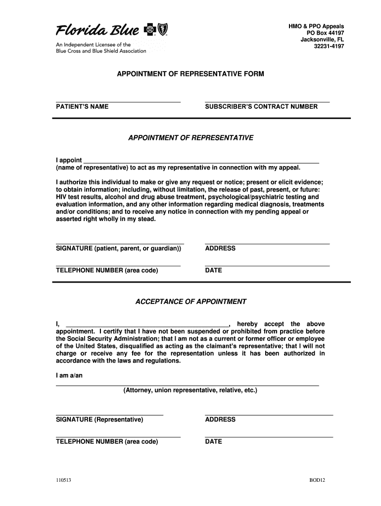 Fillable Online APPOINTMENT OF REPRESENTATIVE APPOINTMENT OF ...