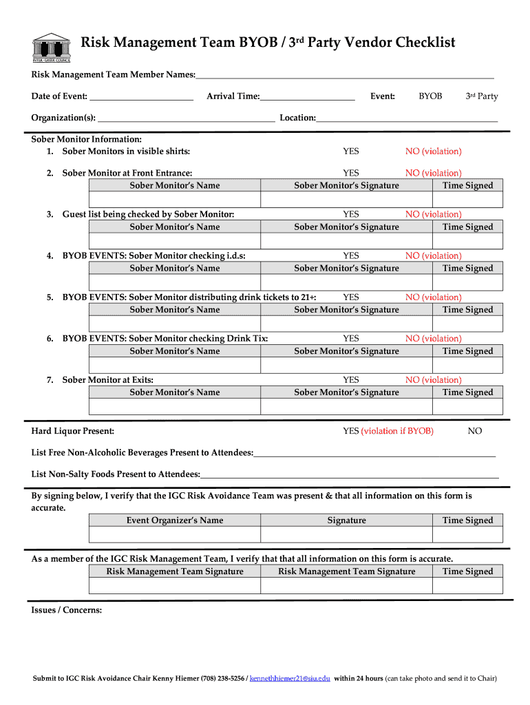 Fillable Online Risk Management Team BYOB 3rd Party Vendor Checklist ...