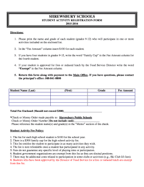 Fillable Online SHS Student Activity Fee Form - schoolsshrewsburymagov ...
