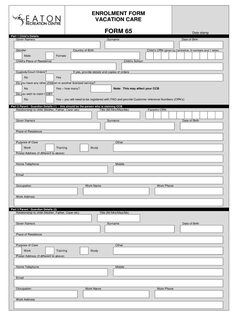 Fillable Online erc dardanup wa gov BFORM 65b - Eaton Recreation Centre ...