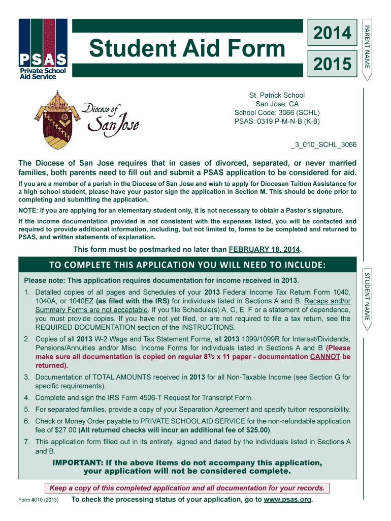 Fillable Online stpatrickschool 2014 Student Aid form ...