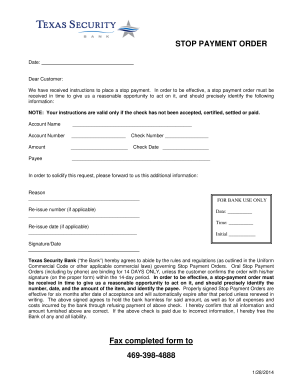Fillable Online STOP PAYMENT ORDER - texassecuritybankcom Fax Email ...