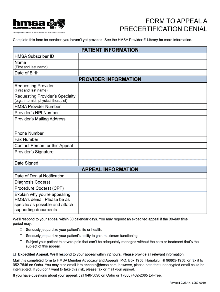 Fillable Online Form to appeal a precert denial - HMSA Fax Email Print ...