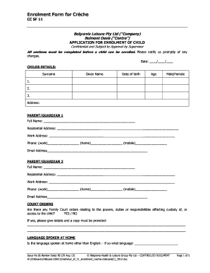 Fillable Online Enrolment Form for Creche - albanycreeklccomau Fax ...