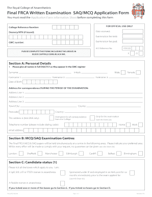 Fillable Online rcoa ac The Royal College of Anaesthetists Final FRCA Written Examination SAQ ...