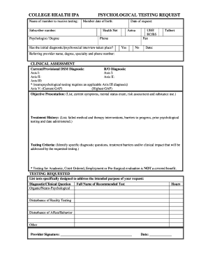 Fillable Online COLLEGE HEALTH IPA PSYCHOLOGICAL TESTING REQUEST Fax ...