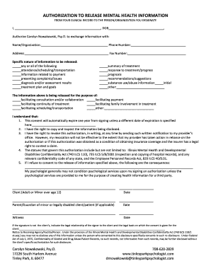 Fillable Online AUTHORIZATION TO RELEASE MENTAL HEALTH INFORMATION Fax Email Print - pdfFiller