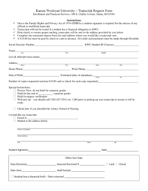 Fillable Online csjkansas Kansas Wesleyan University Transcript Request ...