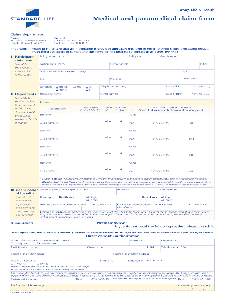 Fillable Online Medical and paramedical claim form - Pickering Wellness ...