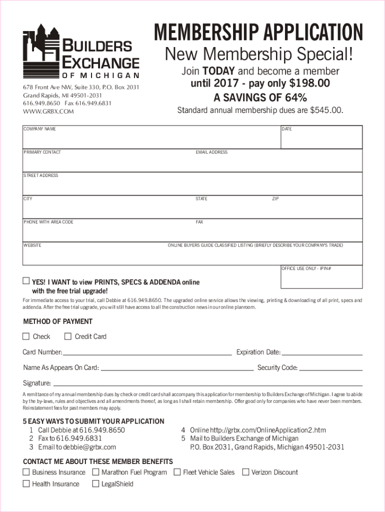 Fillable Online MEMBERSHIP APPLICATION B UILDERS New Membership Special E Fax Email Print ...