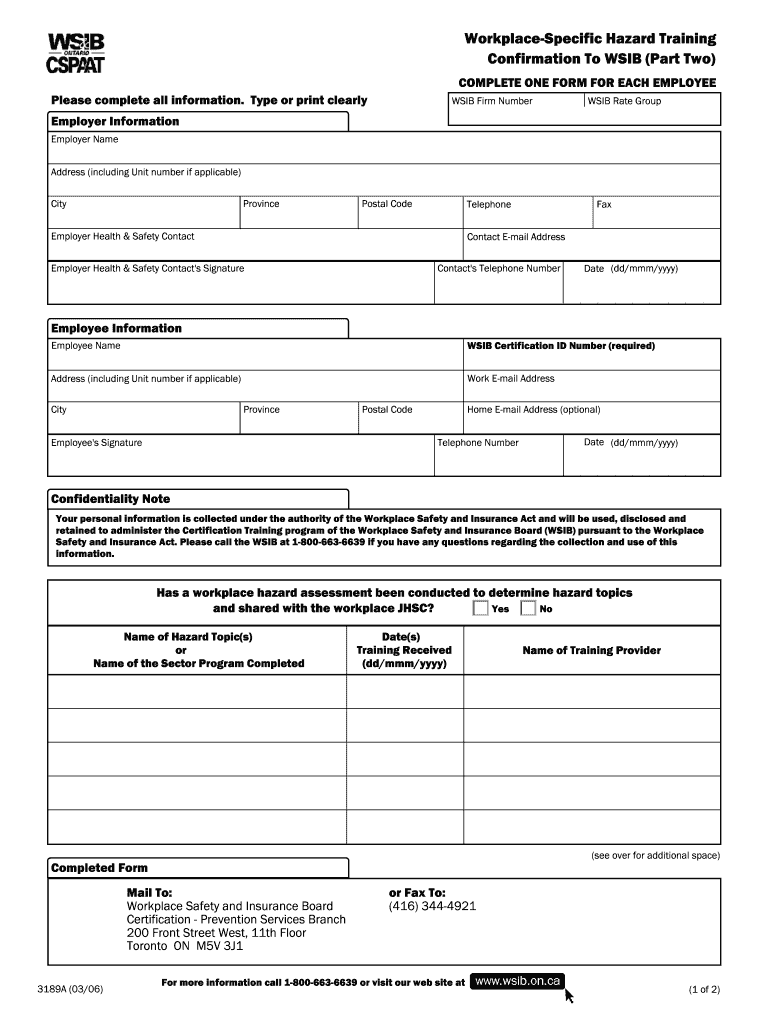 Fillable Online Workplace-Specific Hazard Training Confirmation To WSIB ...