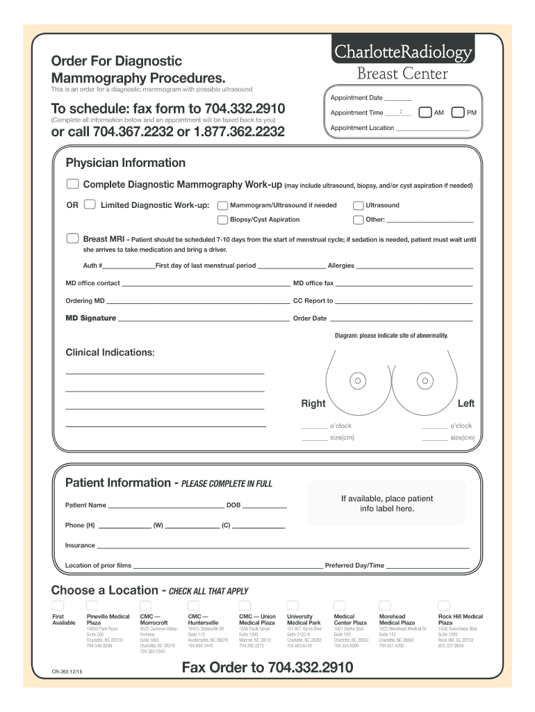 Fillable Online Order For Diagnostic Mammography Procedures To schedule ...