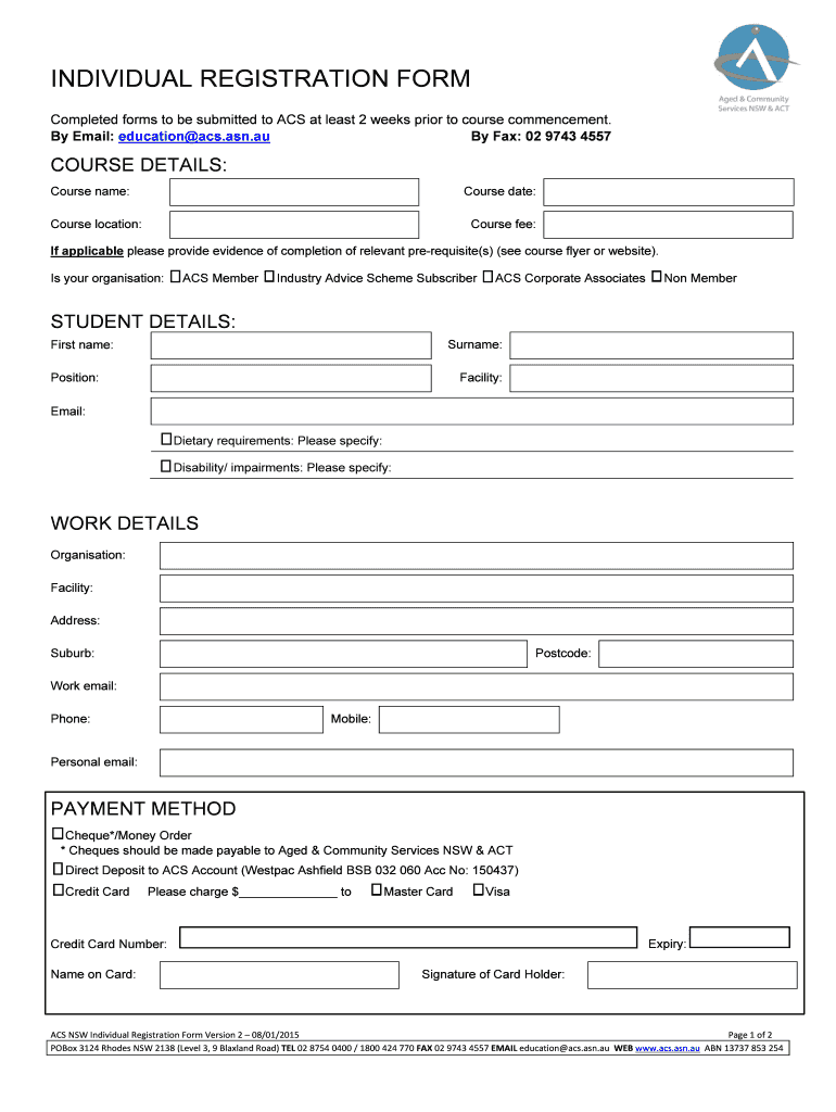 Fillable Online acs asn INDIVIDUAL REGISTRATION FORM - acsasnau Fax ...