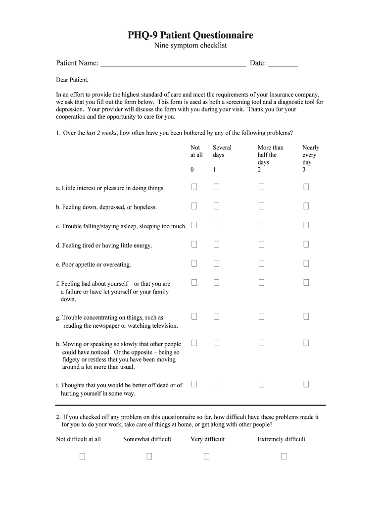 Fillable Online PHQ9 Patient Questionnaire Nine symptom checklist ...