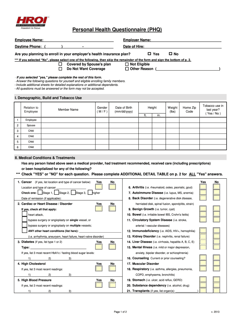 Fillable Online Personal Health Questionnaire PHQ - forms Fax Email ...