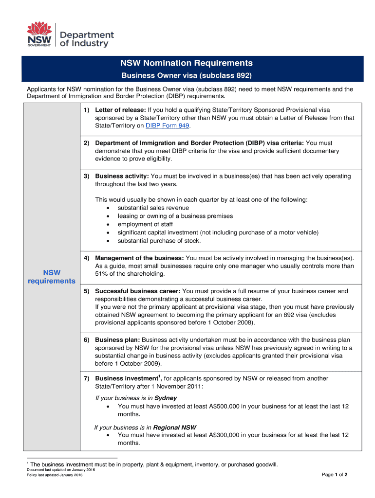 Fillable Online Form SIV NSW Nomination Requirements Business Owner ...